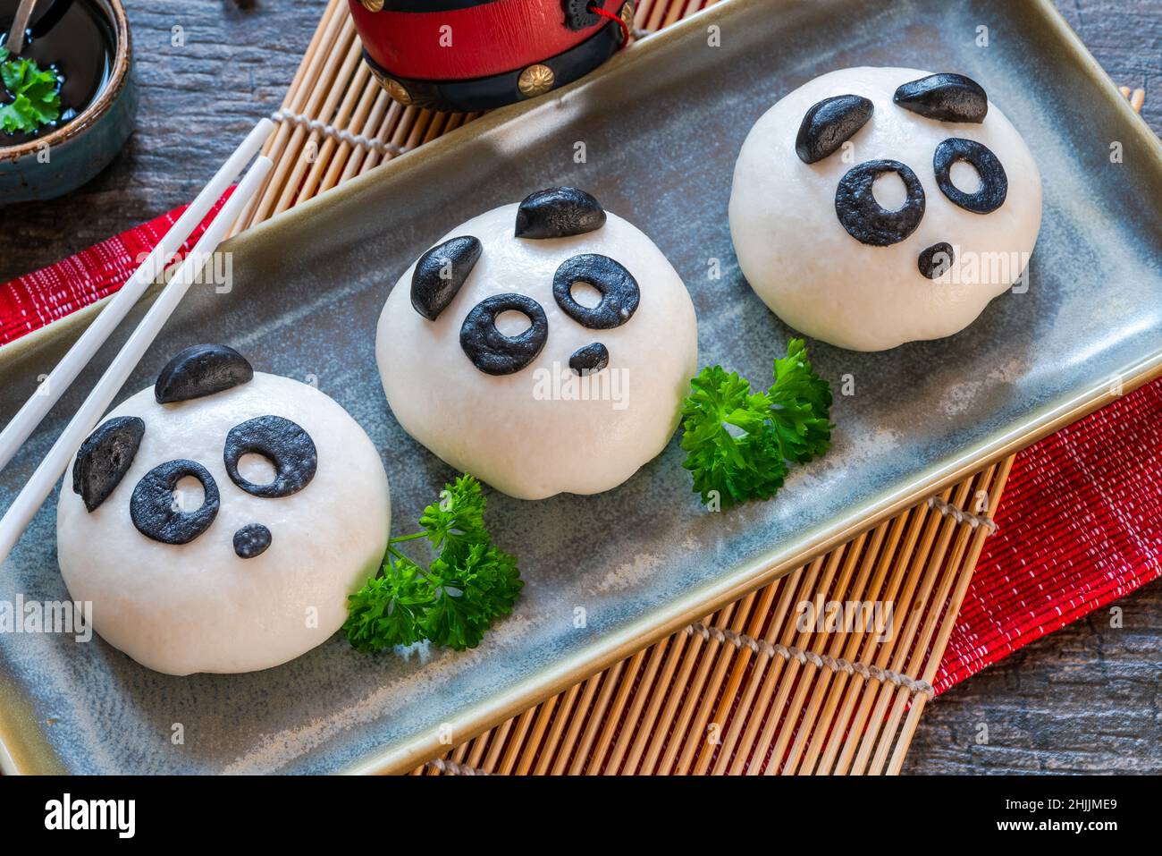 Steamed panda buns with savoury mushroom and hoisin filling. Chinese ...