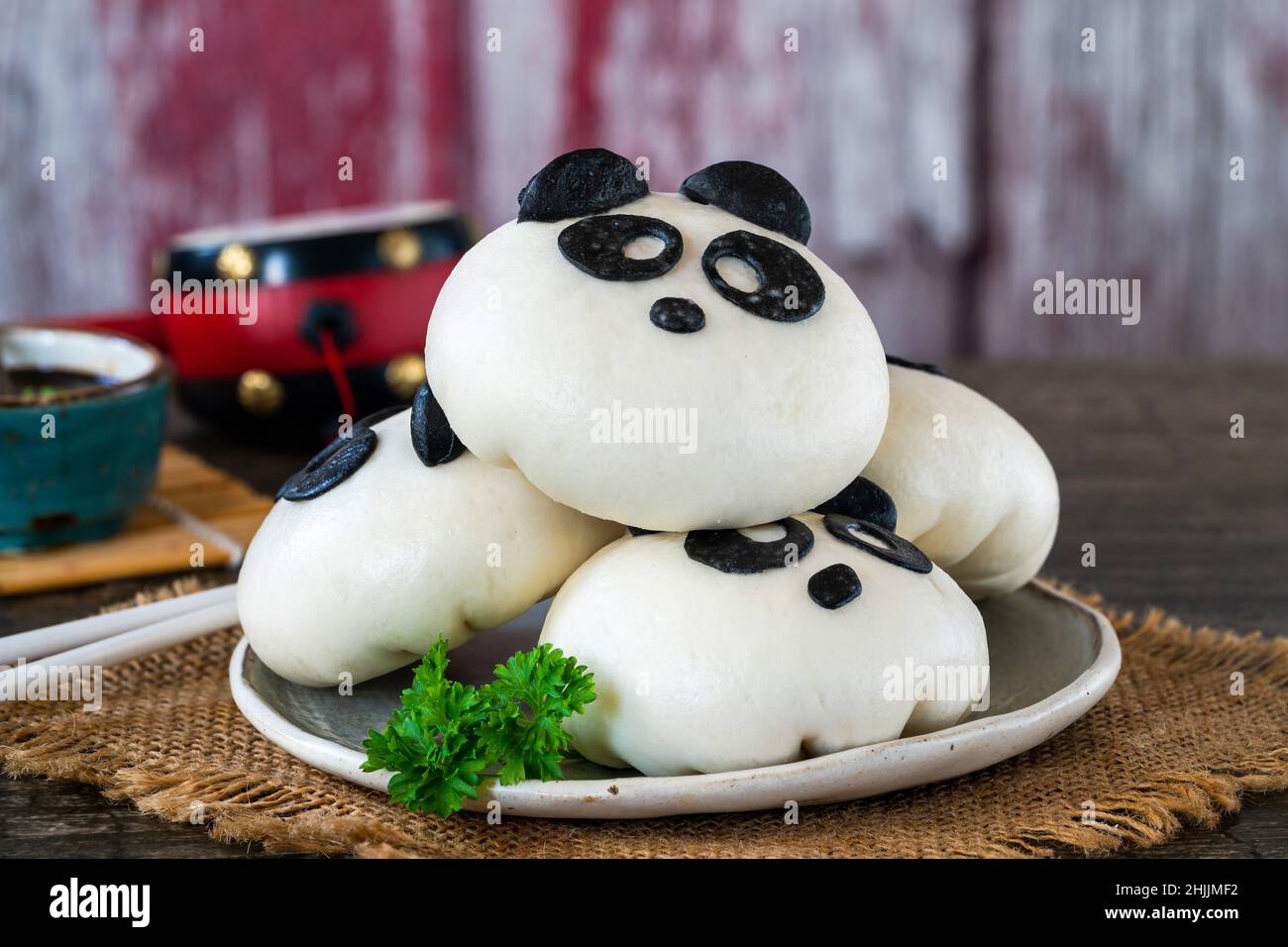 Steamed panda buns with savoury mushroom and hoisin filling. Chinese ...