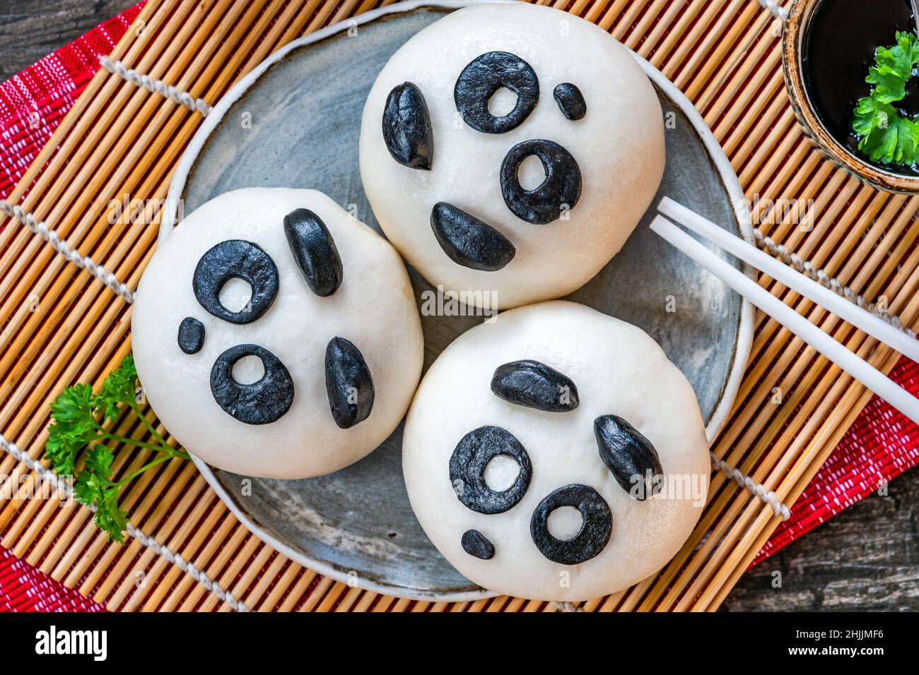 Steamed panda buns with savoury mushroom and hoisin filling. Chinese ...