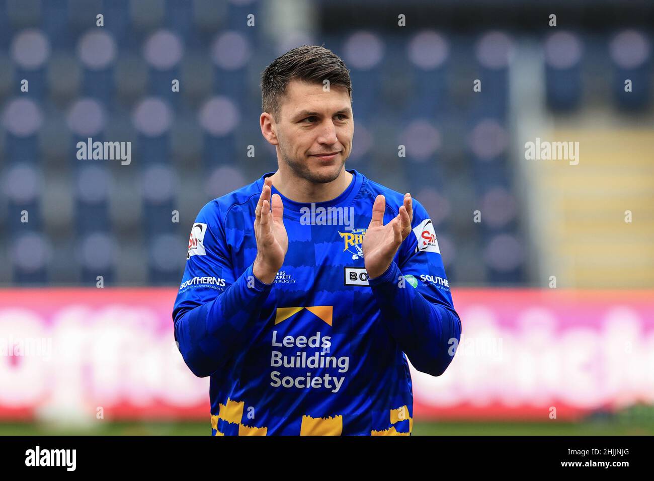 Tom Briscoe of Leeds Rhinos applauds the fans as he walks onto the ...