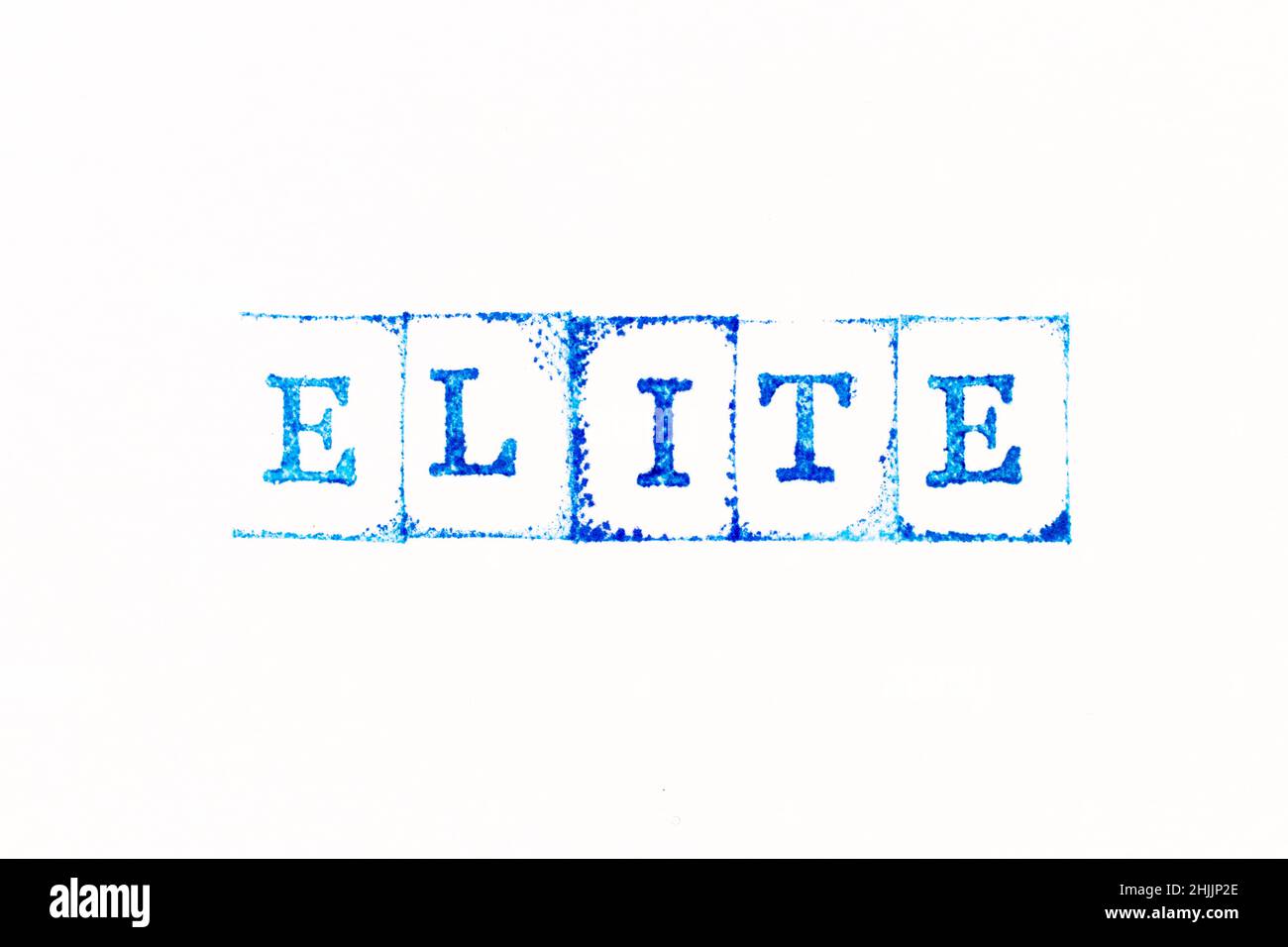 Blue color ink rubber stamp in word elite on white paper background ...