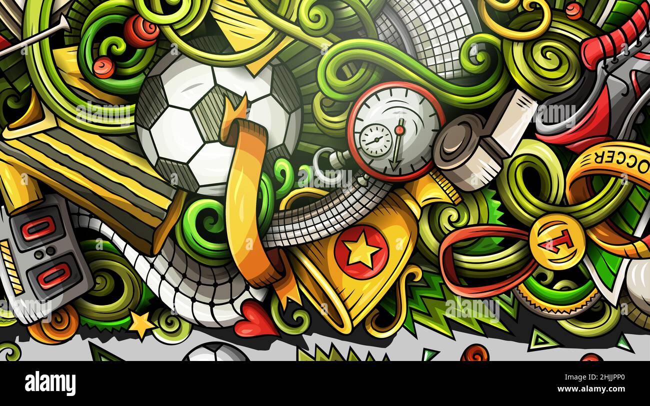 Soccer hand drawn doodle banner. Cartoon detailed illustrations ...