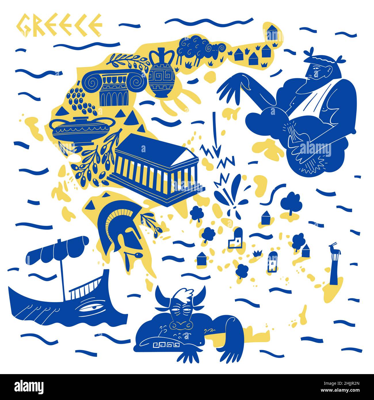 Vector hand drawn stylized map of Greece landmarks. Travel illustration ...