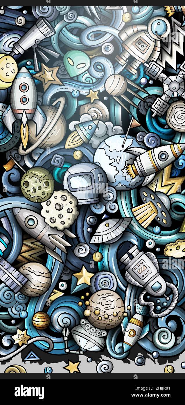 Space hand drawn doodle banner. Cartoon detailed illustrations. Cosmic ...