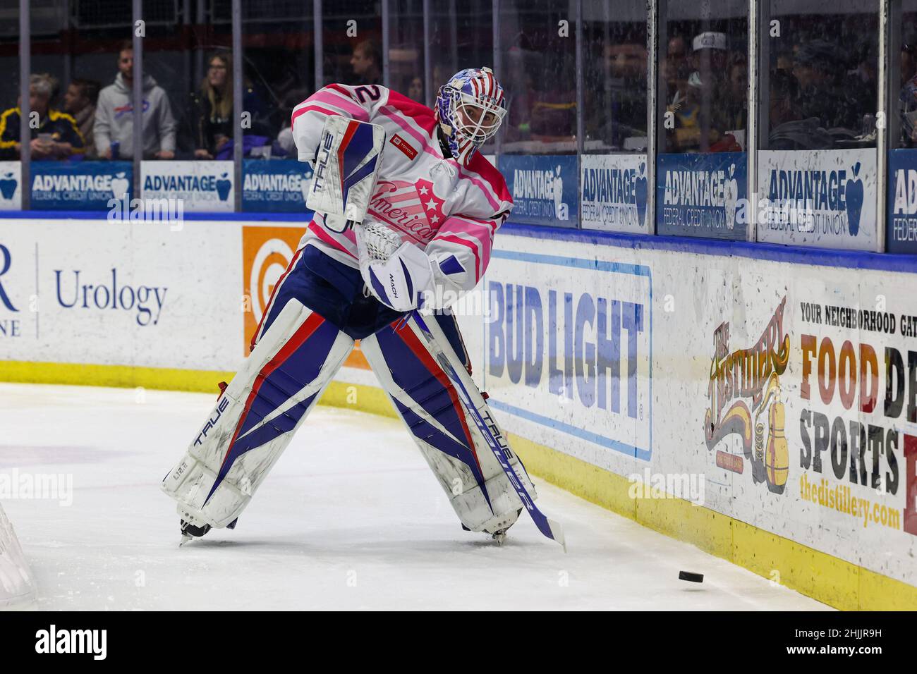 January 29, 2022: Rochester Americans goaltender Mat Robson (32) stops ...
