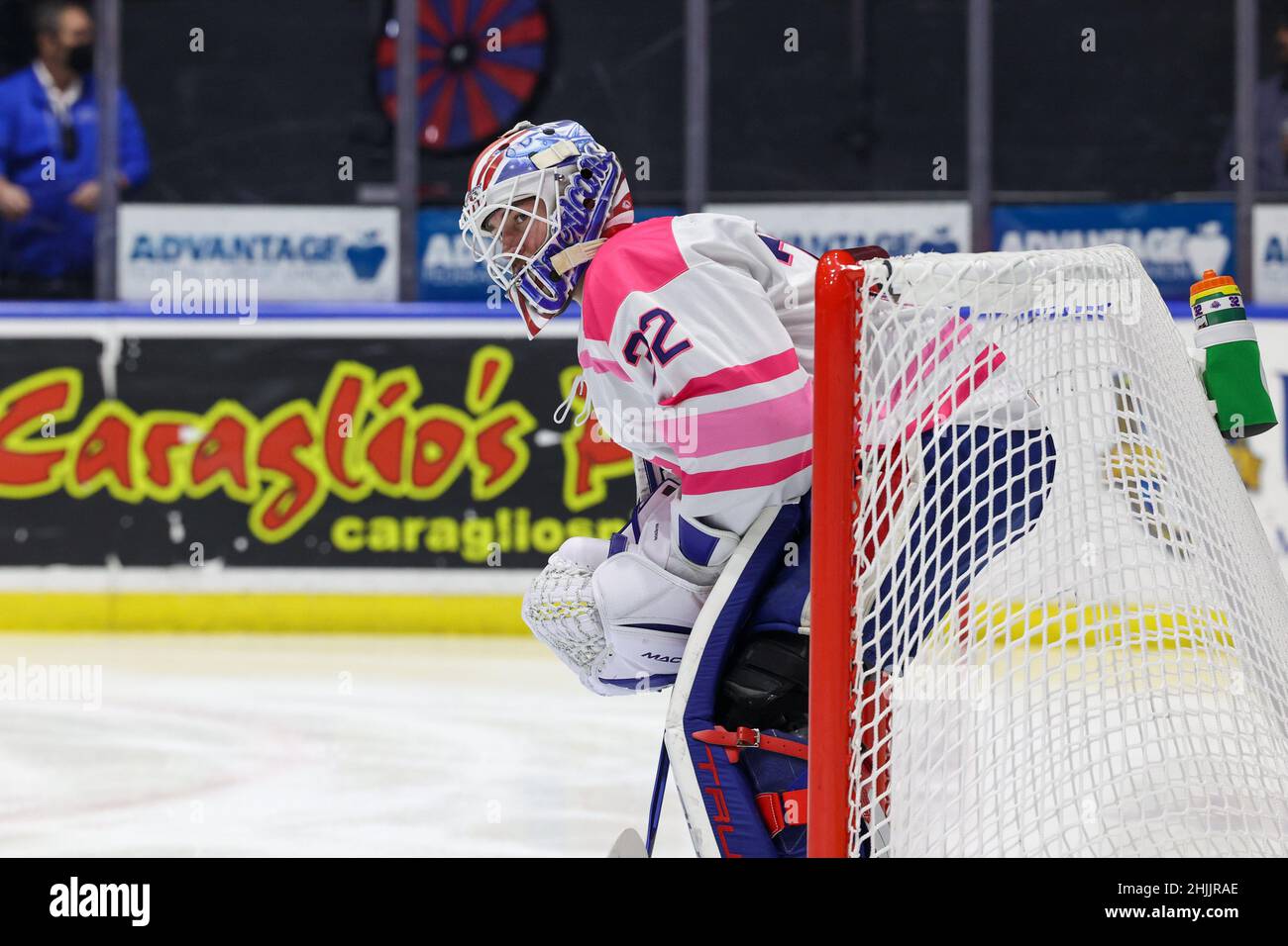 January 29, 2022: Rochester Americans goaltender Mat Robson (32) takes ...