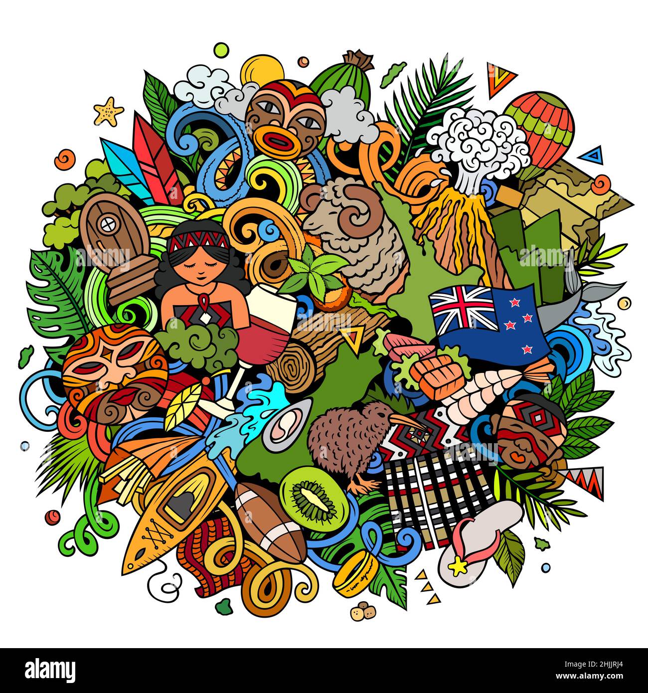 New Zealand hand drawn cartoon doodle illustration. Funny design ...
