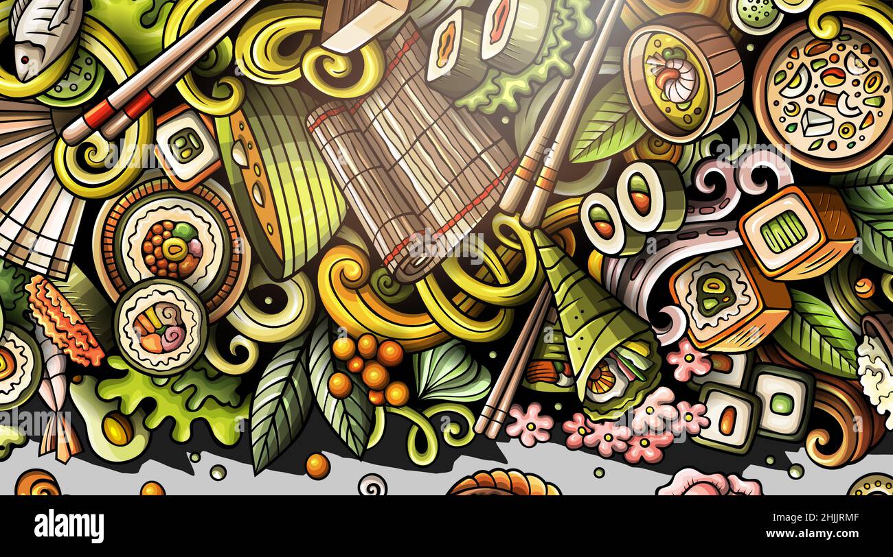 Japanese food hand drawn doodle banner. Cartoon detailed flyer. Japan ...