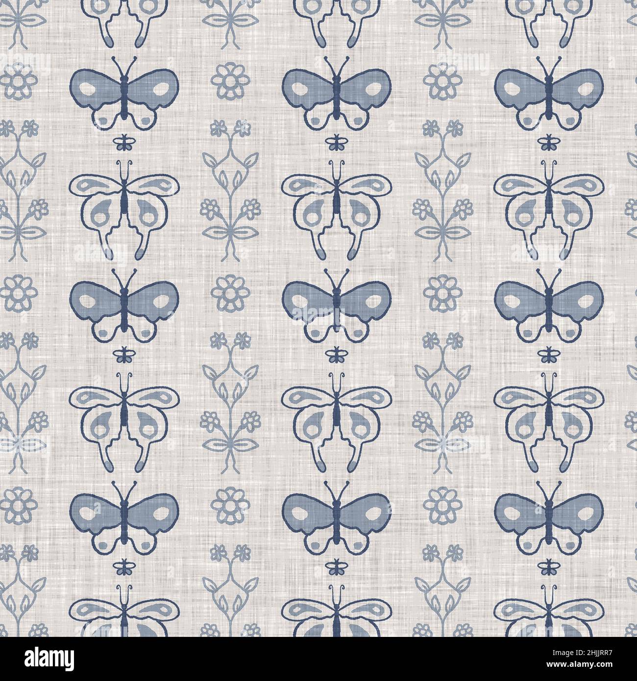 Farmhouse blue butterfly linen seamless pattern. Tonal french country ...
