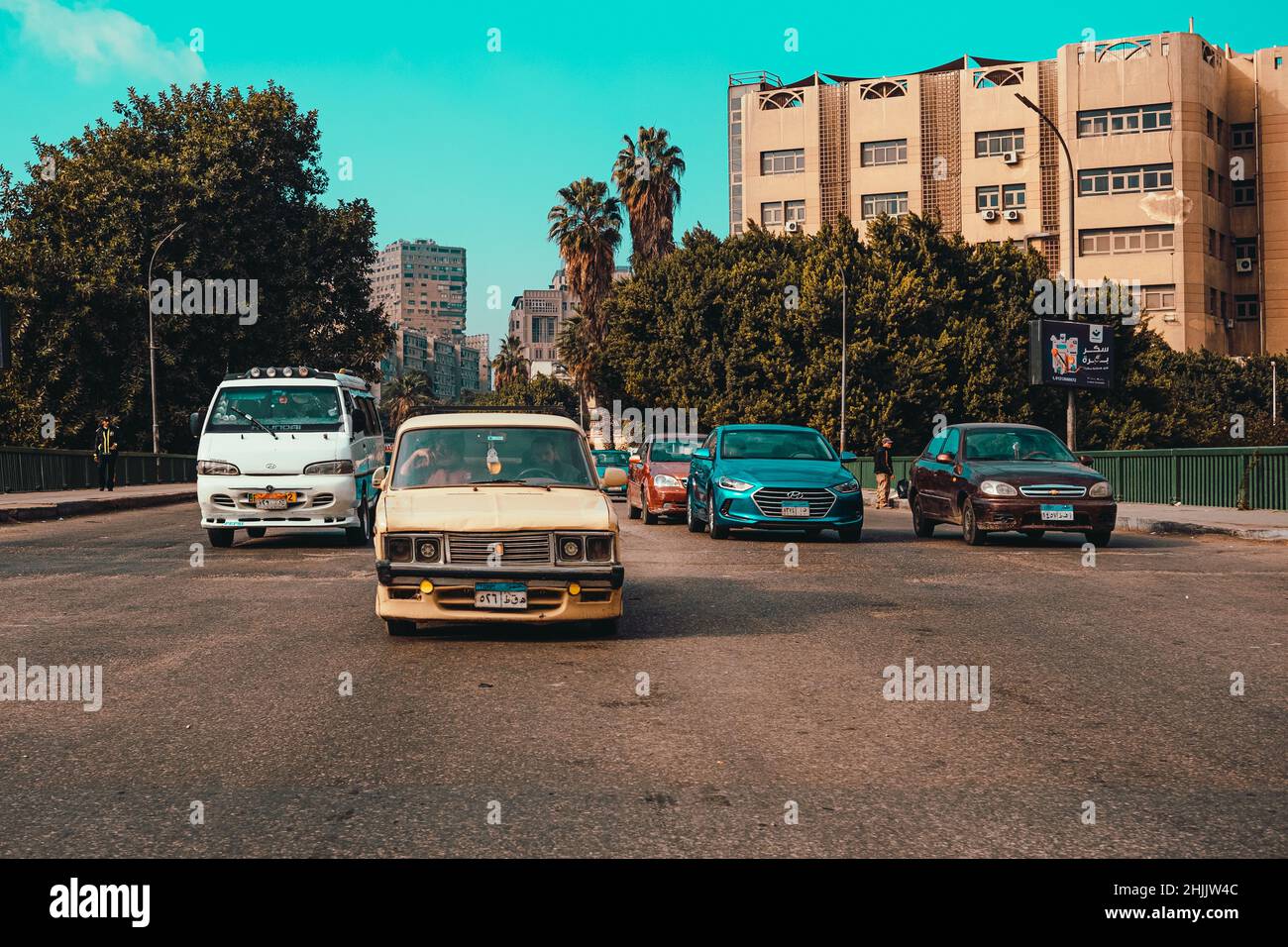Cairo Egypt December 2021 View of four cars driving in paralel in ...