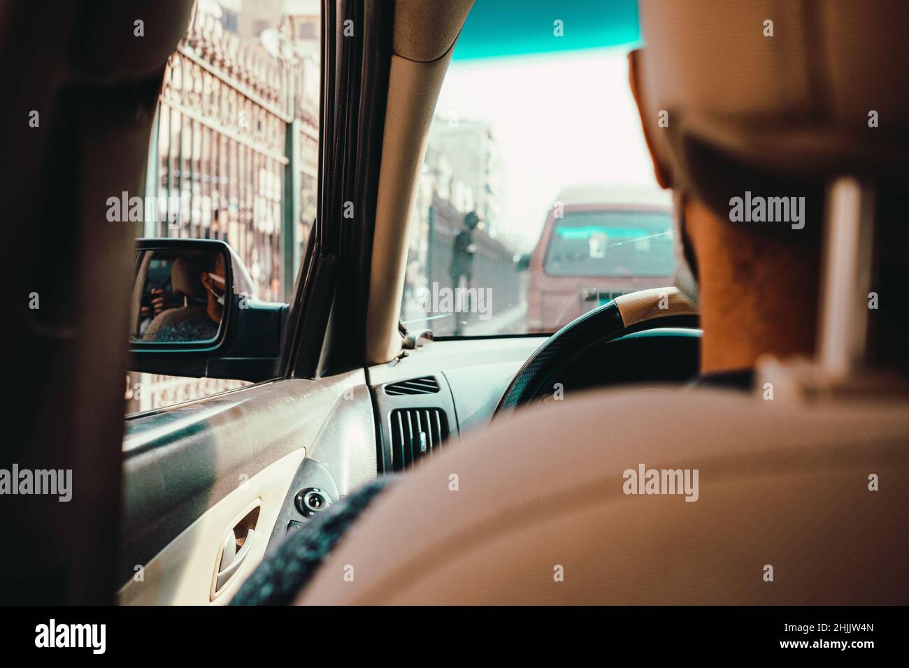 Inside view of a car driving down the busy streets of cairo, egypt ...