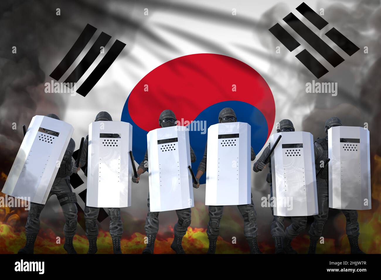 Republic of Korea (South Korea) police officers in heavy smoke and fire ...