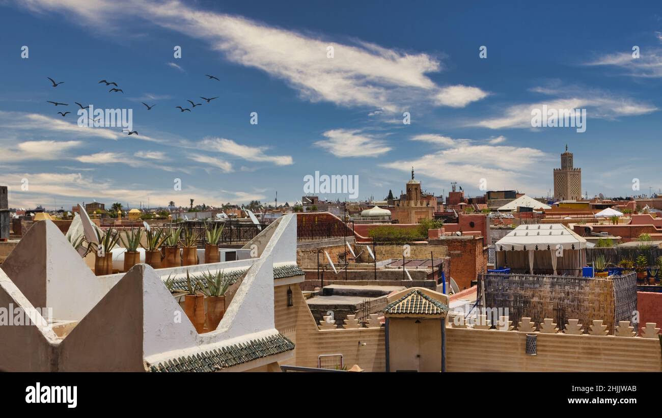 Perspective shot of typical Moroccan rooftops in Marrakesh Stock Photo ...