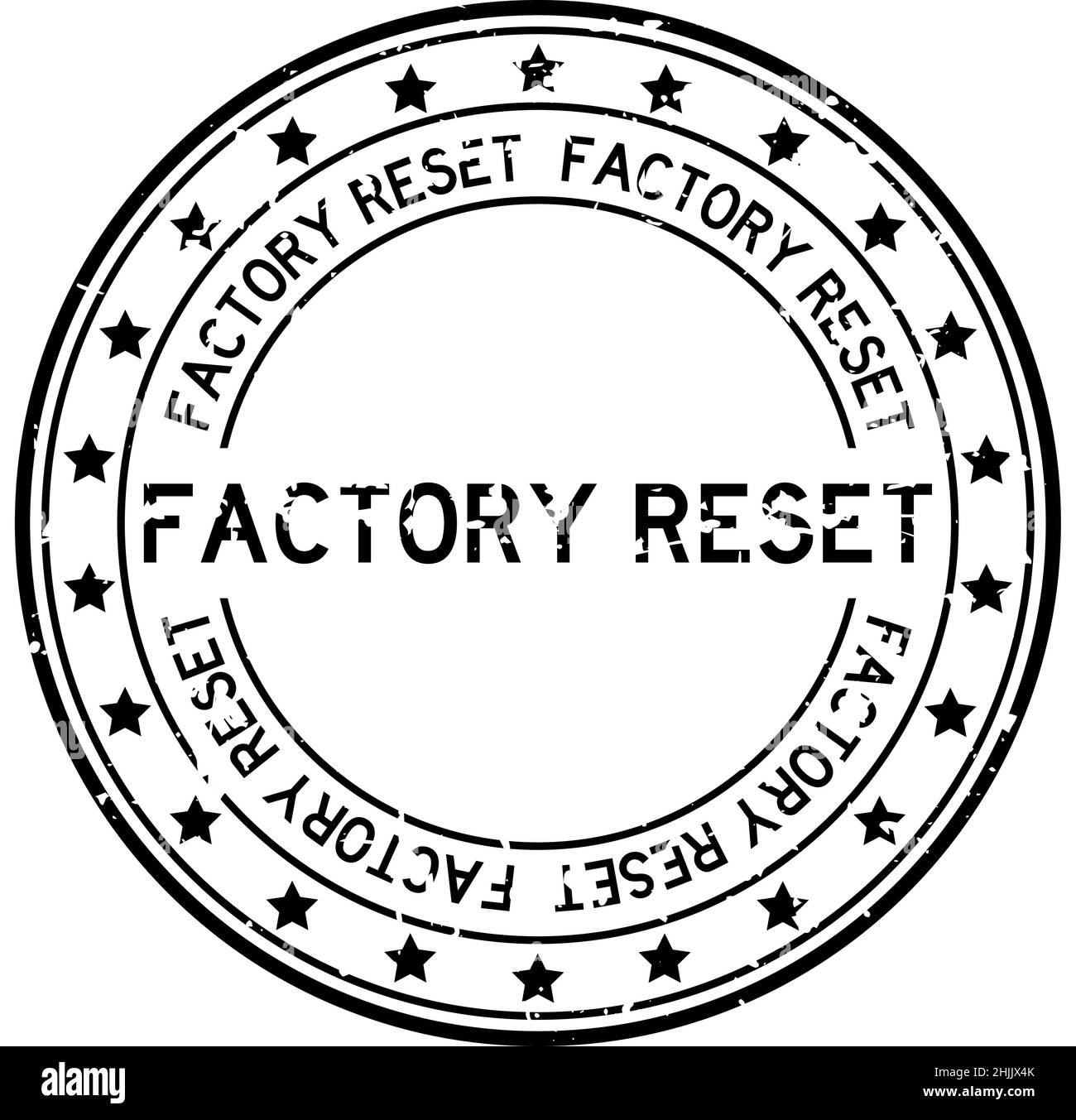 Grunge black factory reset word with star icon round rubber seal stamp ...