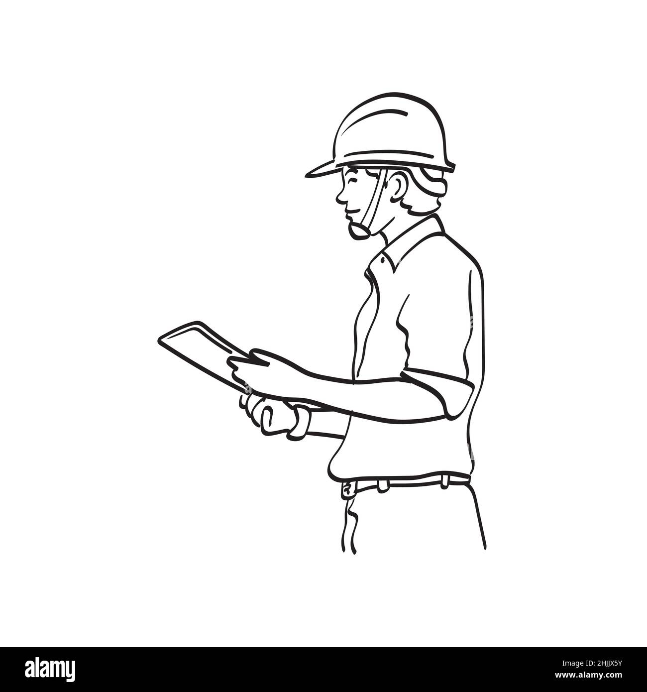 side view half length mechanical engineer worker working tablet ...