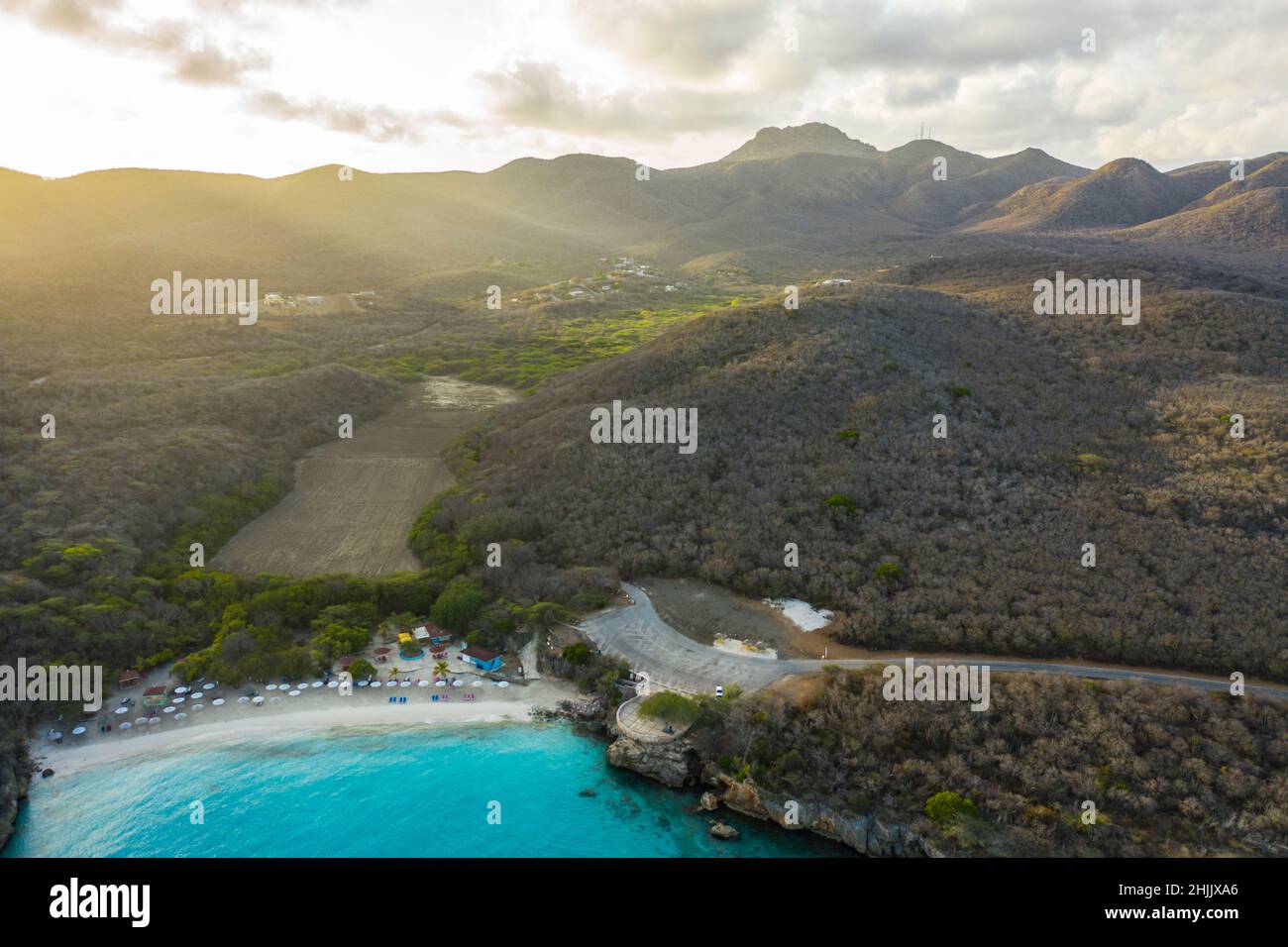 Aerial view of sunrise scenery with ocean and coast around Knip area ...