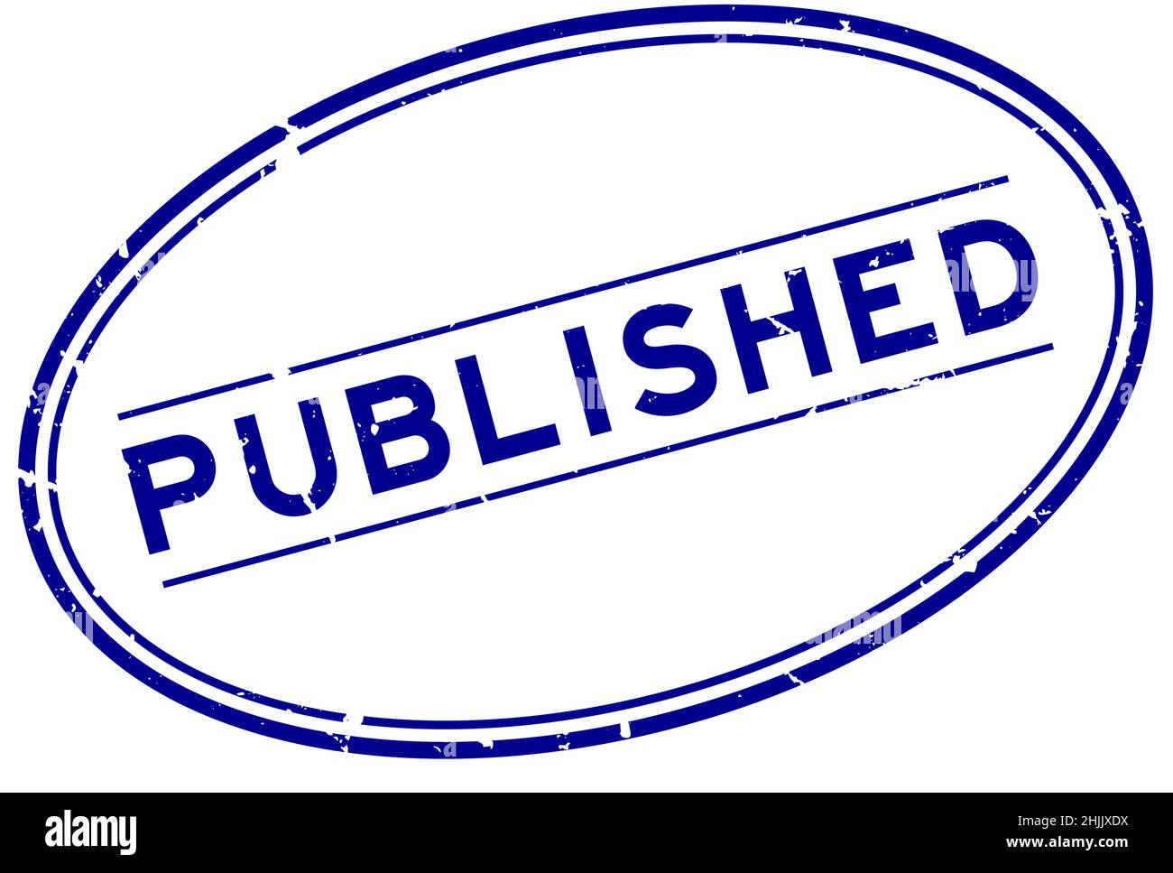 Grunge blue published word oval rubber seal stamp on white background ...