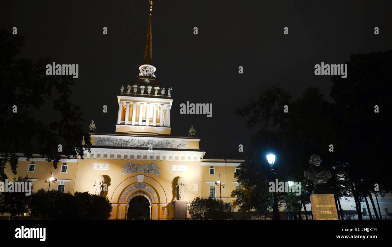 Historic building with tower and lighting at night. Action. Old ...
