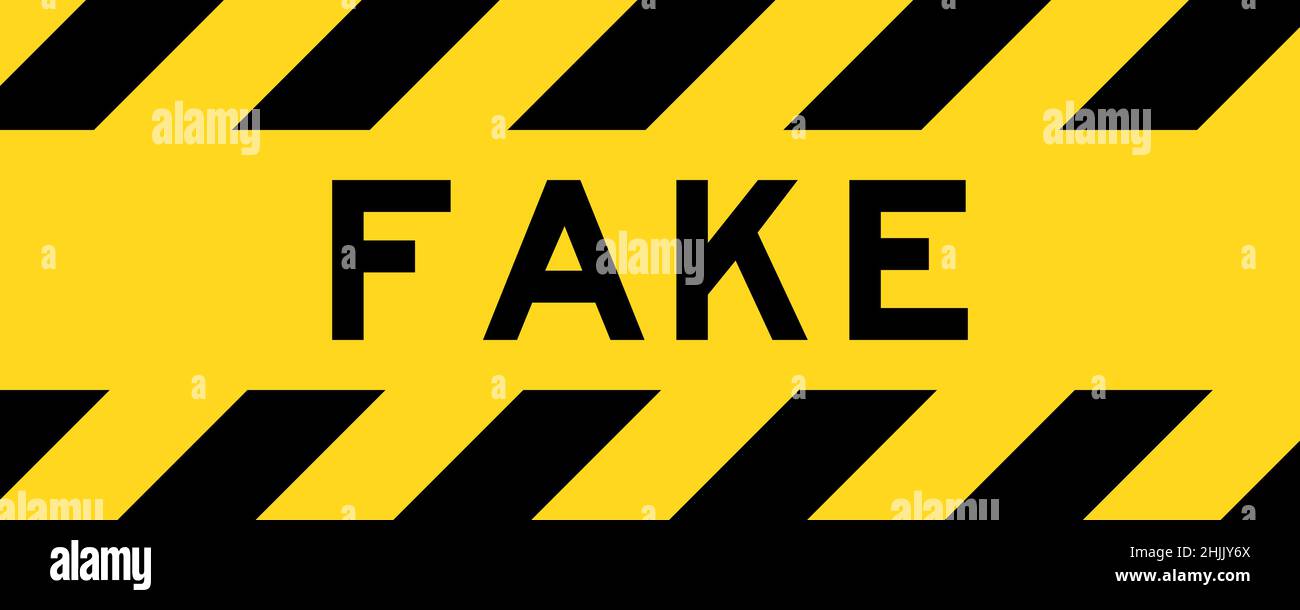Yellow and black color with line striped label banner with word fake ...