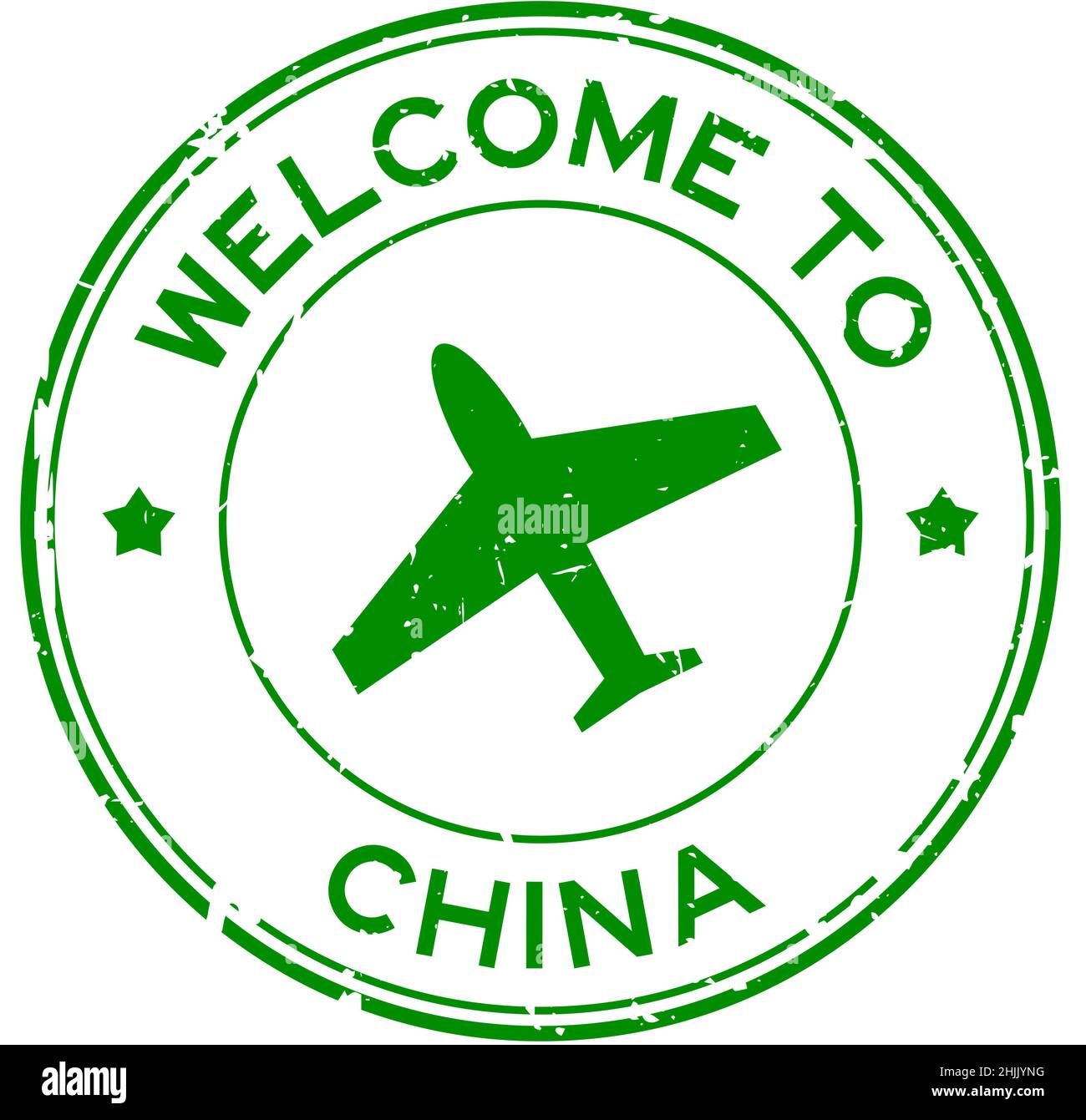 Grunge green welcome to China word with airplane icon round rubber seal ...