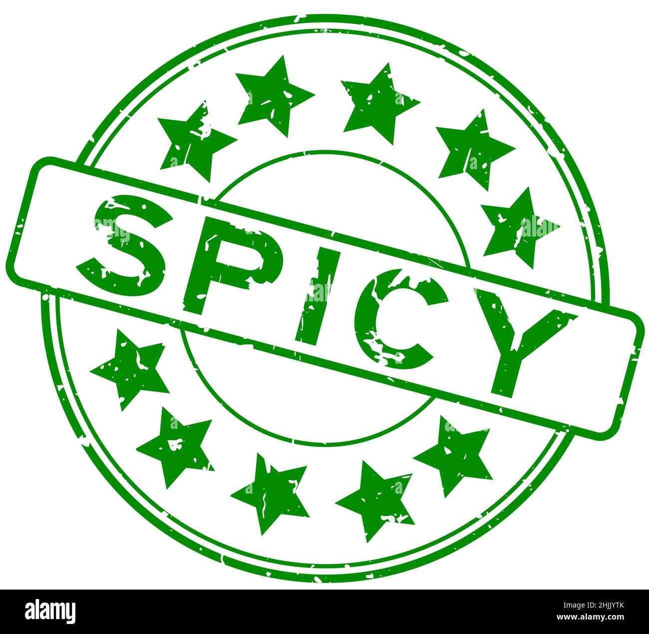 Grunge green spicy word with star icon round rubber seal stamp on white background Stock Vector ...
