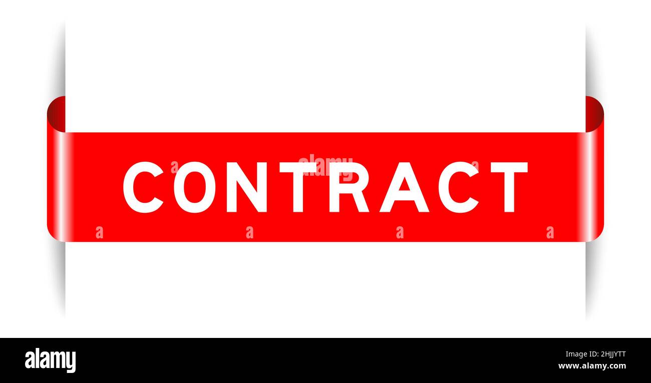Red color inserted label banner with word contract on white background ...
