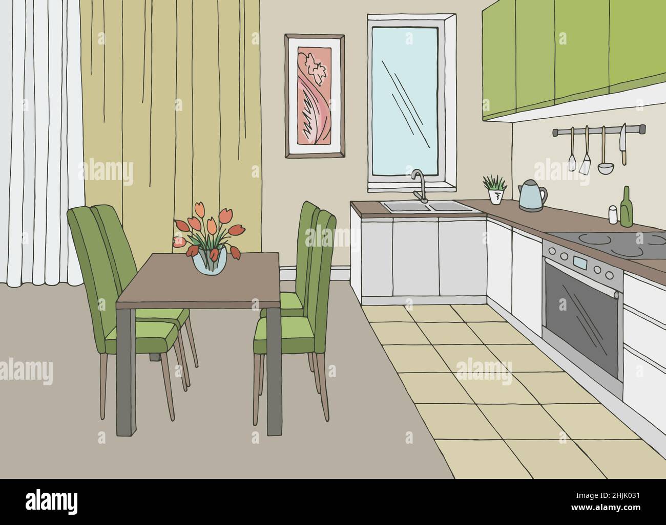 Kitchen room graphic color home interior sketch illustration vector ...