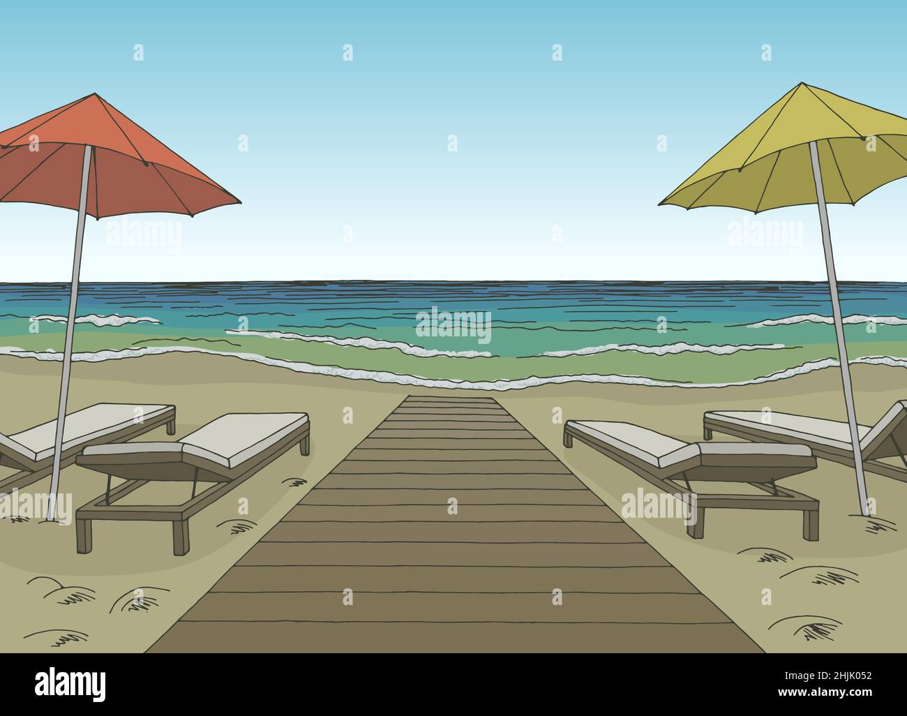 Sea coast beach graphic color vacation landscape sketch illustration ...