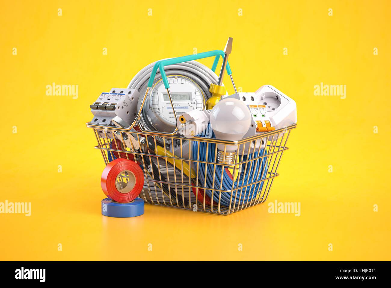 Shopping cart full of electrical components and equipment on yellow ...