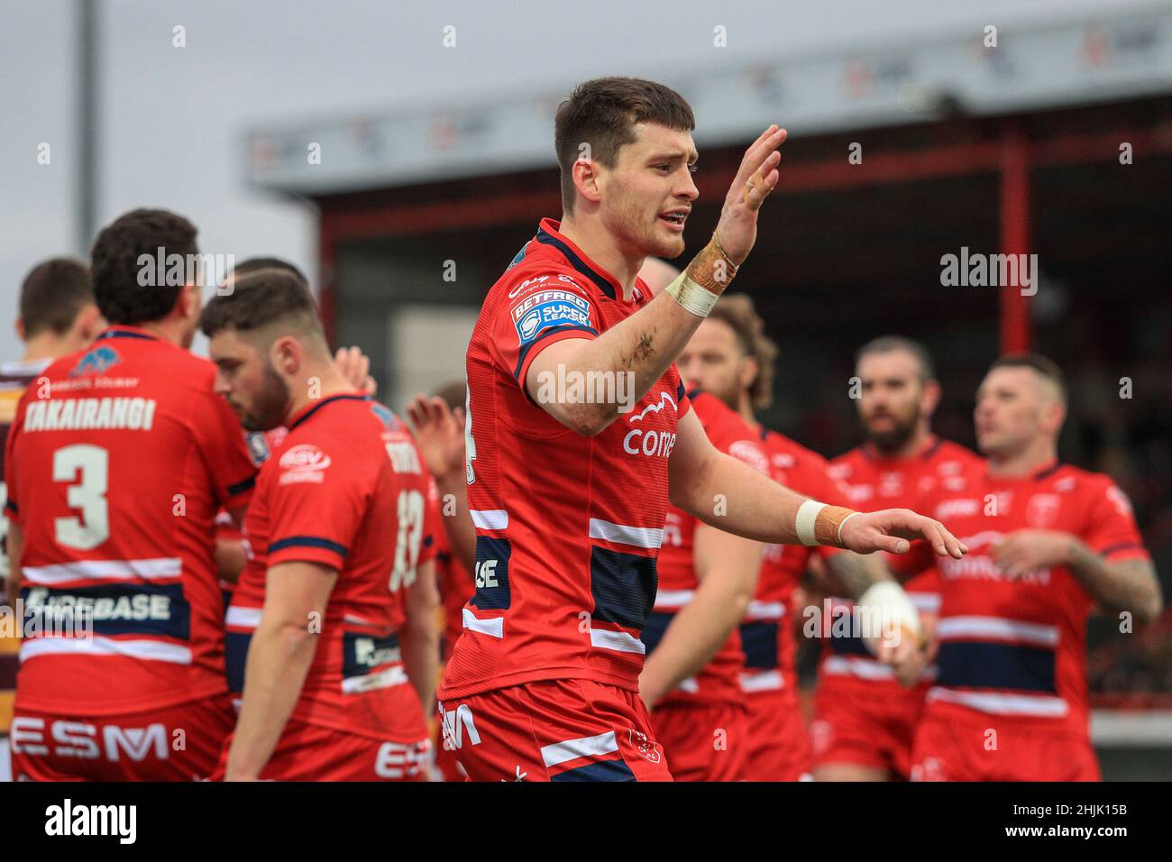 Sam Wood (24) of Hull KR celebrates his try in the first half Stock ...