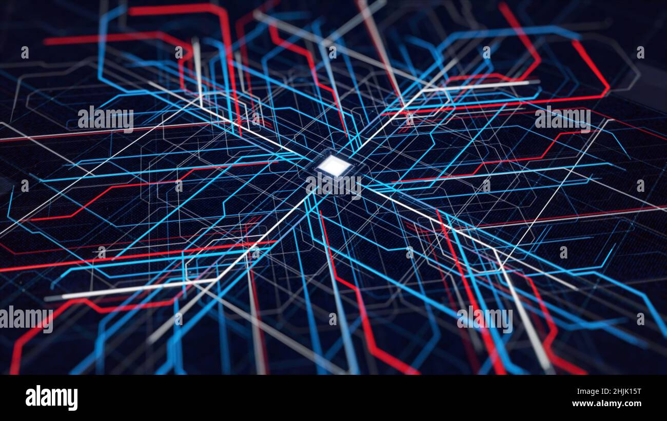 Spreading colorful electronic impulses. Abstract electronic circuit for ...