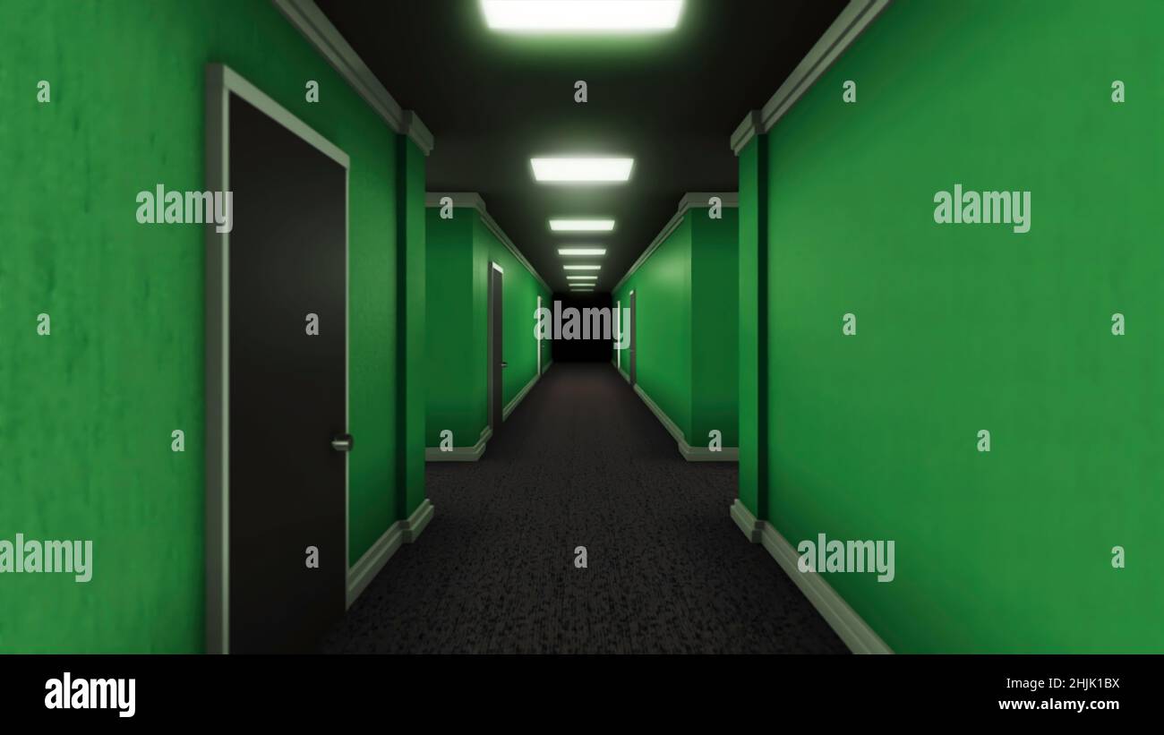 Long corridor with doors and darkness at end. Animation. Moving forward ...