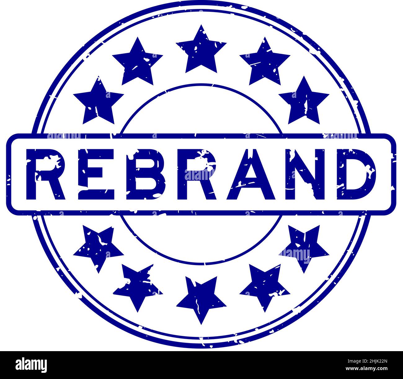 Grunge blue rebrand word with star icon round rubber seal stamp on ...