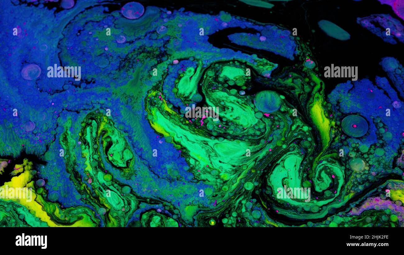 Bright fluid art with acidic colors and bubbles. Stock footage. Liquid ...