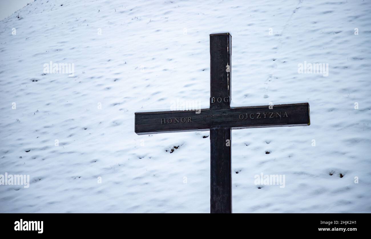 A picture of a massive cross at the Józefa Piłsudskiego mound during ...
