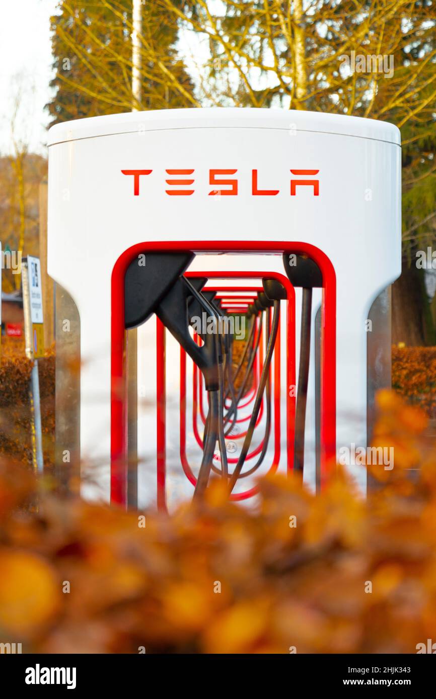 Row of Tesla Superchargers vehicle electric charging point at Trentham ...