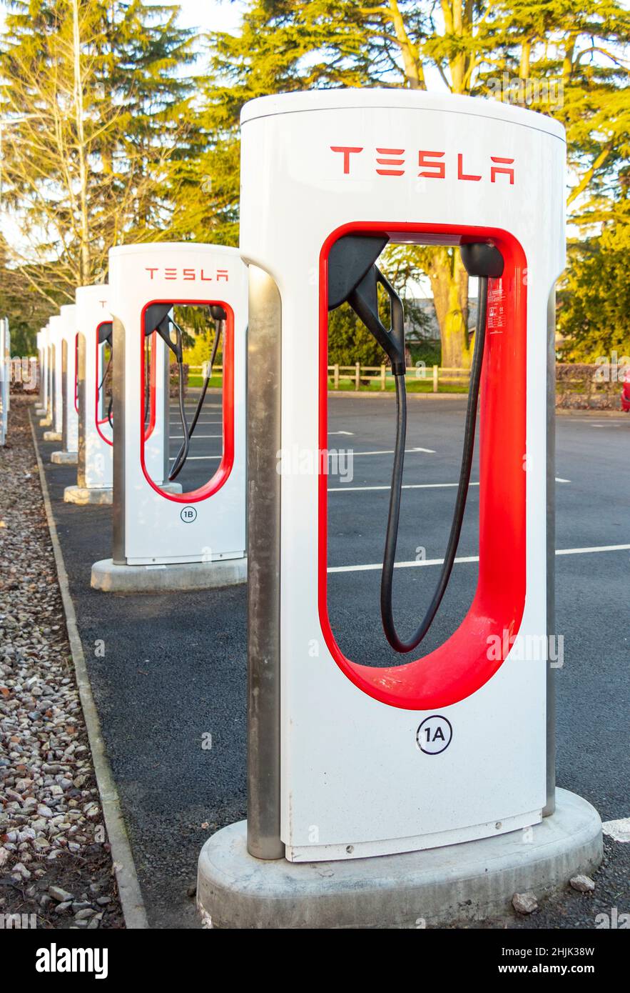 Row of Tesla Superchargers vehicle electric charging point at Trentham ...