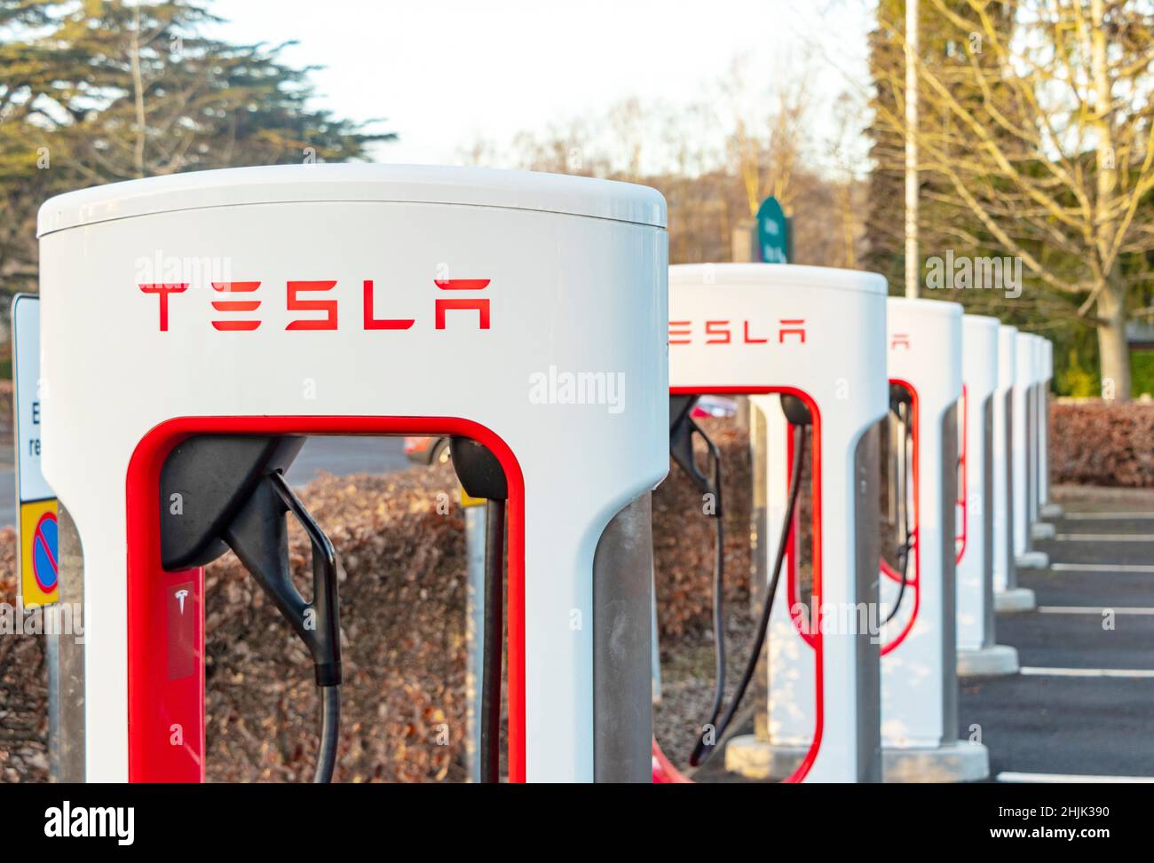 Row of Tesla Superchargers vehicle electric charging point at Trentham ...