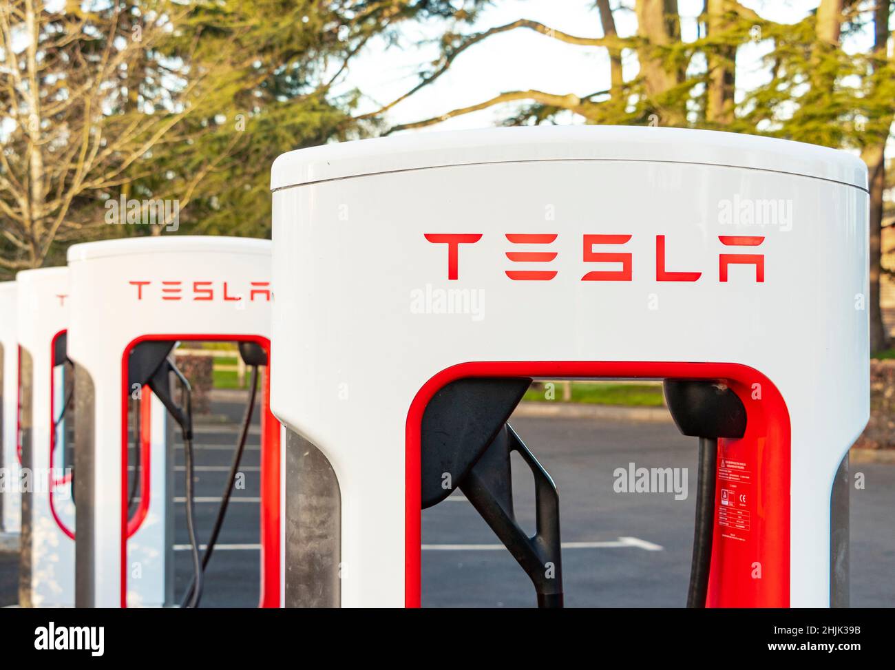 Row of Tesla Superchargers vehicle electric charging point at Trentham ...