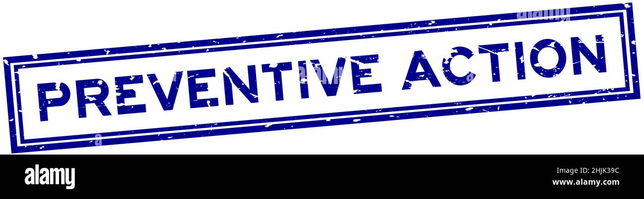 Grunge blue preventive action word sqaure rubber seal stamp on white ...