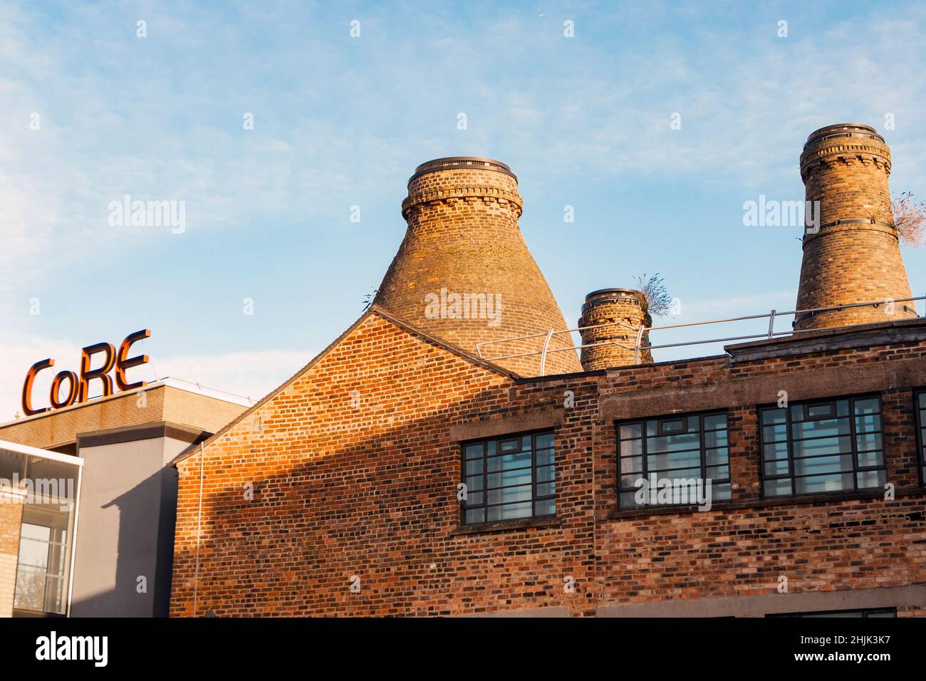 The Core building and bottle shaped brick kiln chimneys in Longton ...