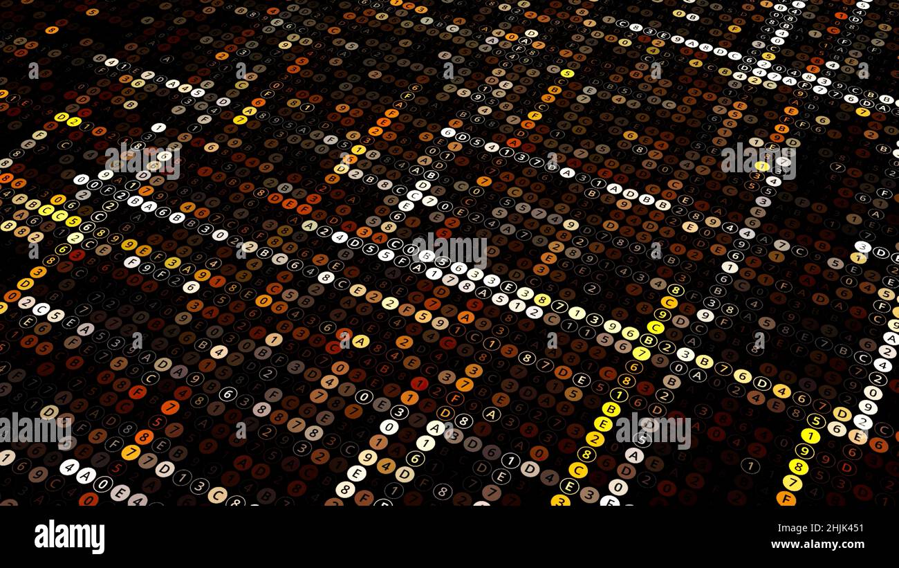 Randomly changing symbols inside blinking circles on black background ...