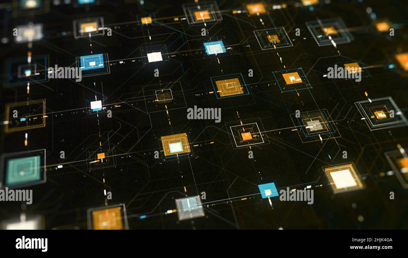 High tech computer circuit board with many signals flowing fast on black background. Abstract ...