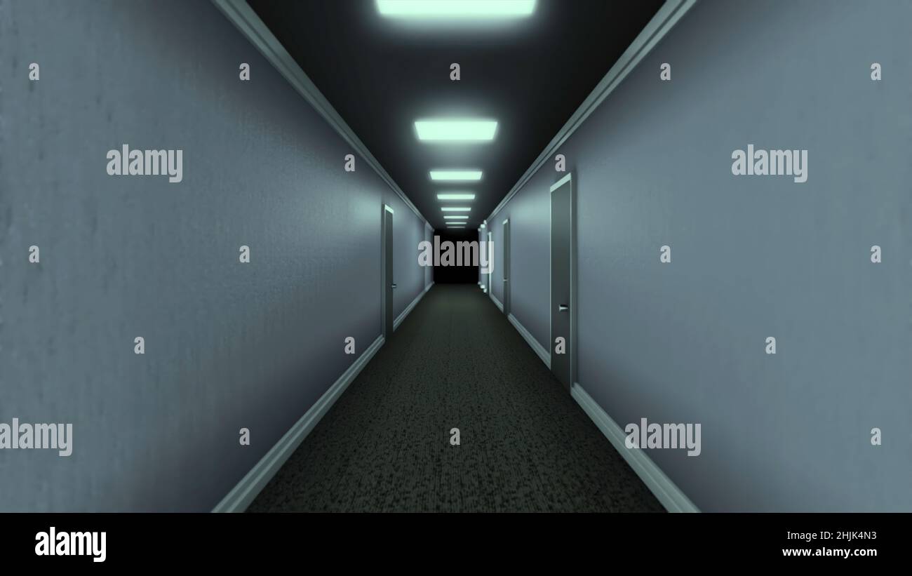 Long corridor with doors and darkness at end. Animation. Moving forward ...