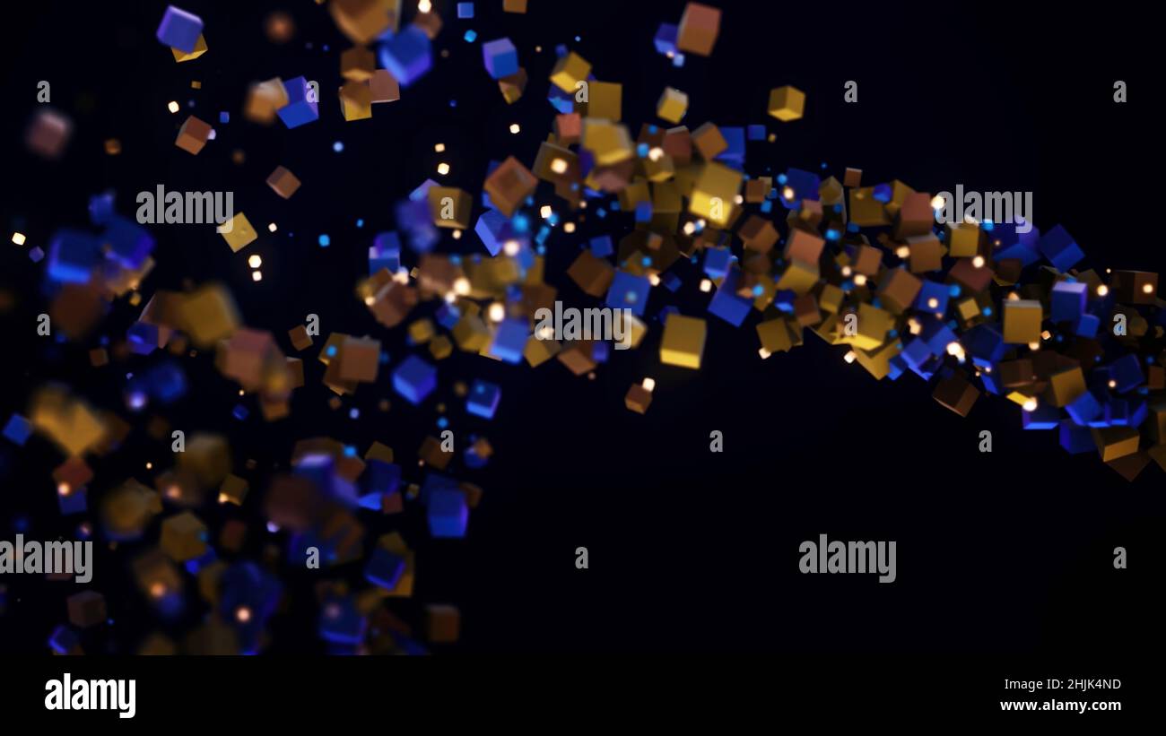 Cubic particles forming line on black background. Animation. Cubes of ...