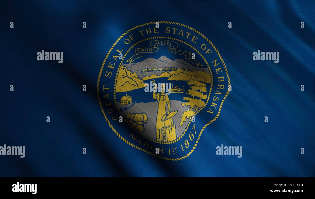 Close-up of waving Nebraska flag. Animation. Patriotic background with ...