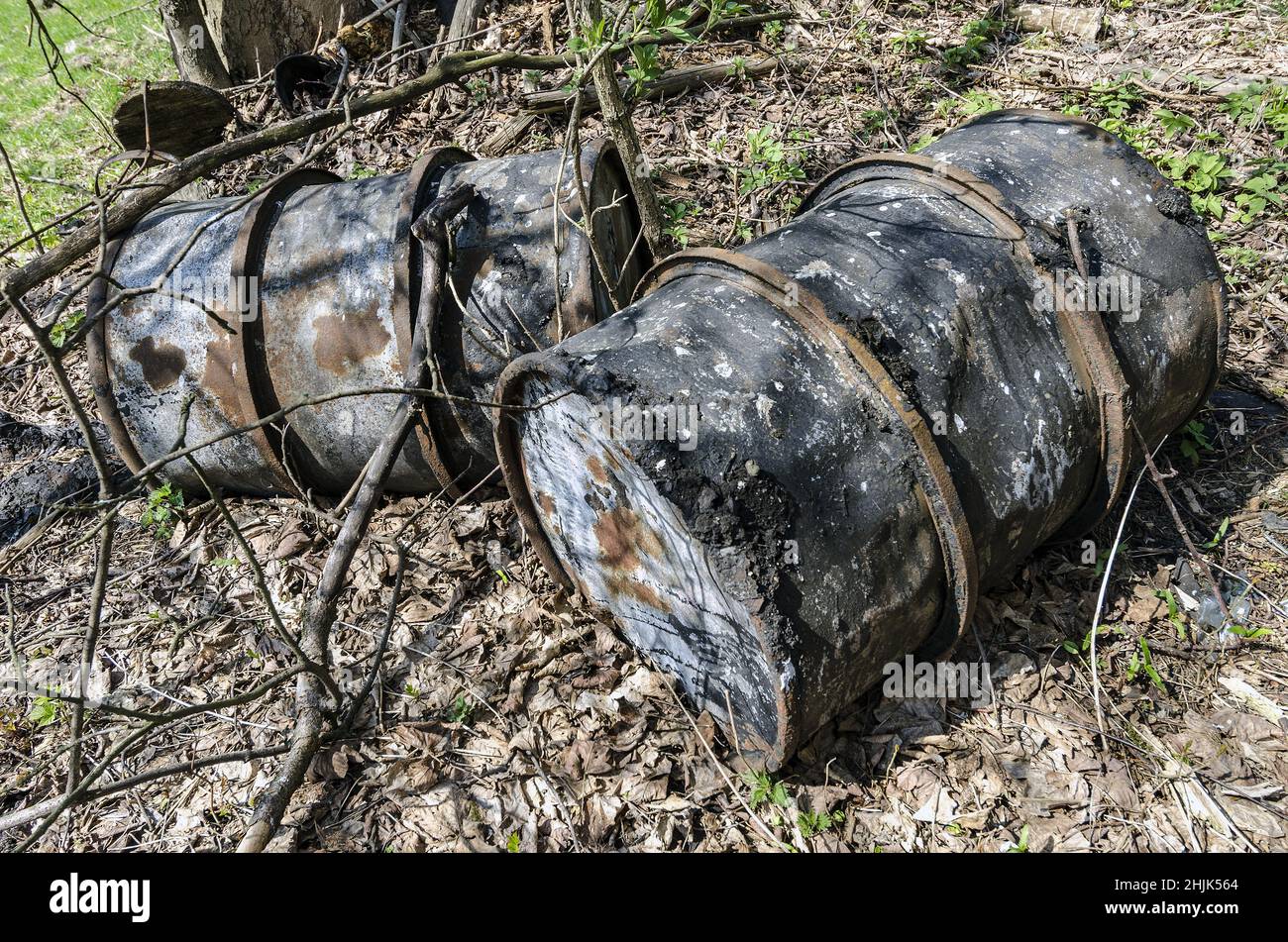 Two rusty metal barrels in a woods Stock Photo - Alamy