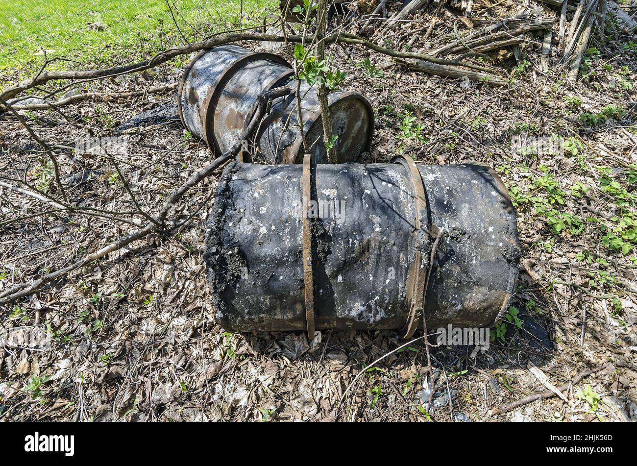 Two rusty metal barrels in a woods Stock Photo - Alamy