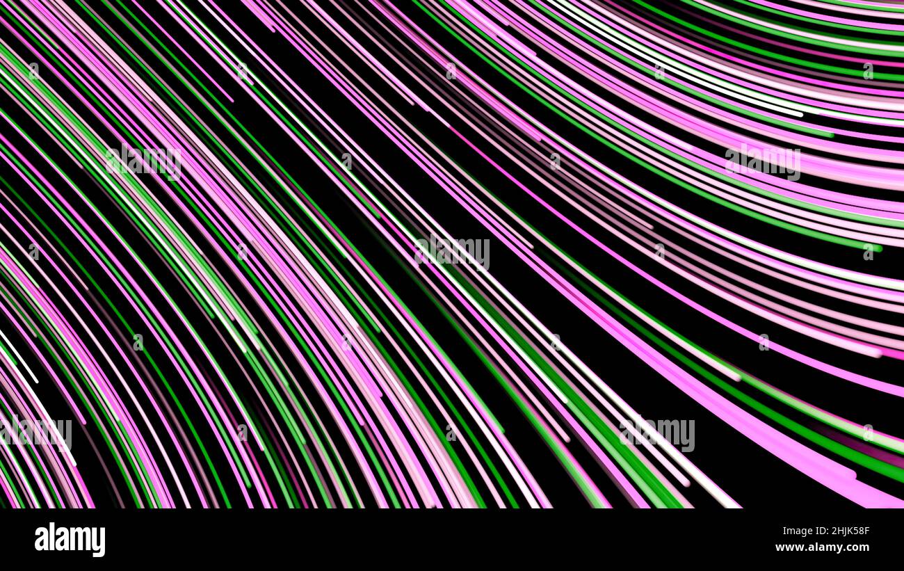 Abstract background of moving multicolored neon lines on black background. Animation. Curved ...