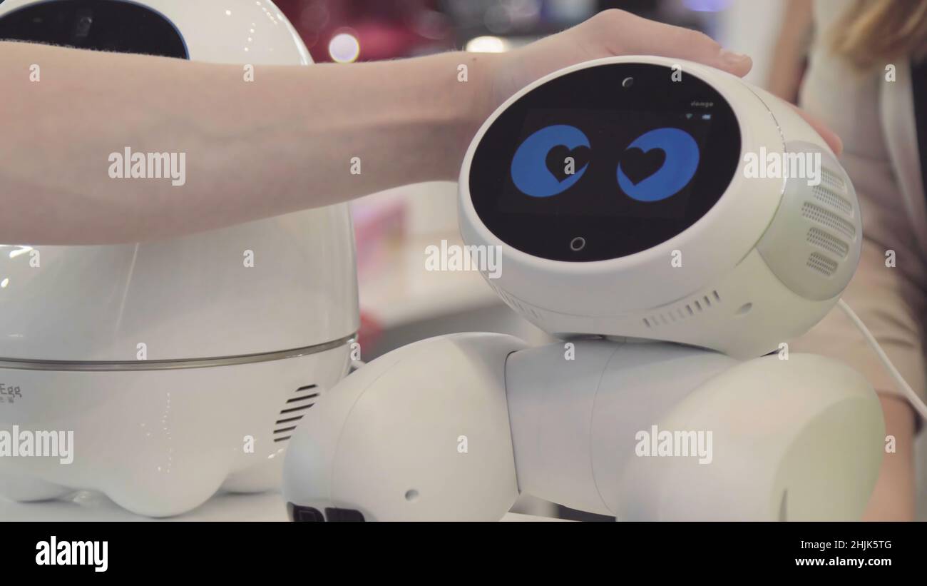 Hand of man touches the robot. Robot is happy with the touch of a human ...